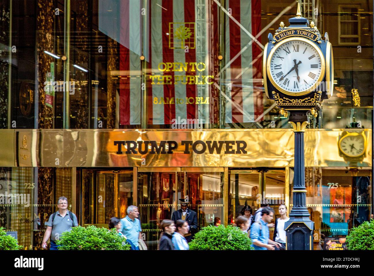 New York, USA; May 31, 2023: Trump's famous gold clock, in front of the ...