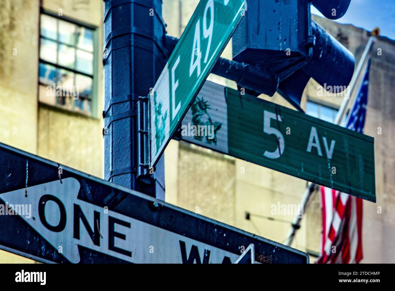 Photograph of the famous Fifth Avenue sign and the American flag ...