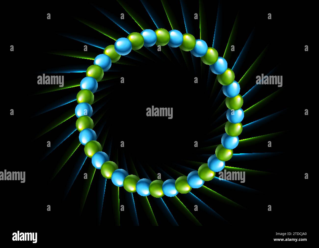 Round design with blue green glossy spheres and glowing rays. Vector ...