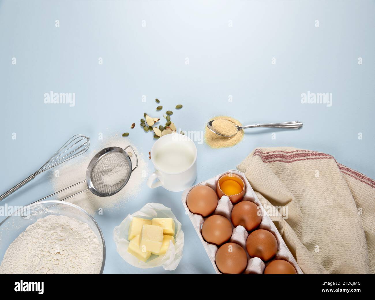 Composition of ingredients for baking on colored paper (eggs, flour ...