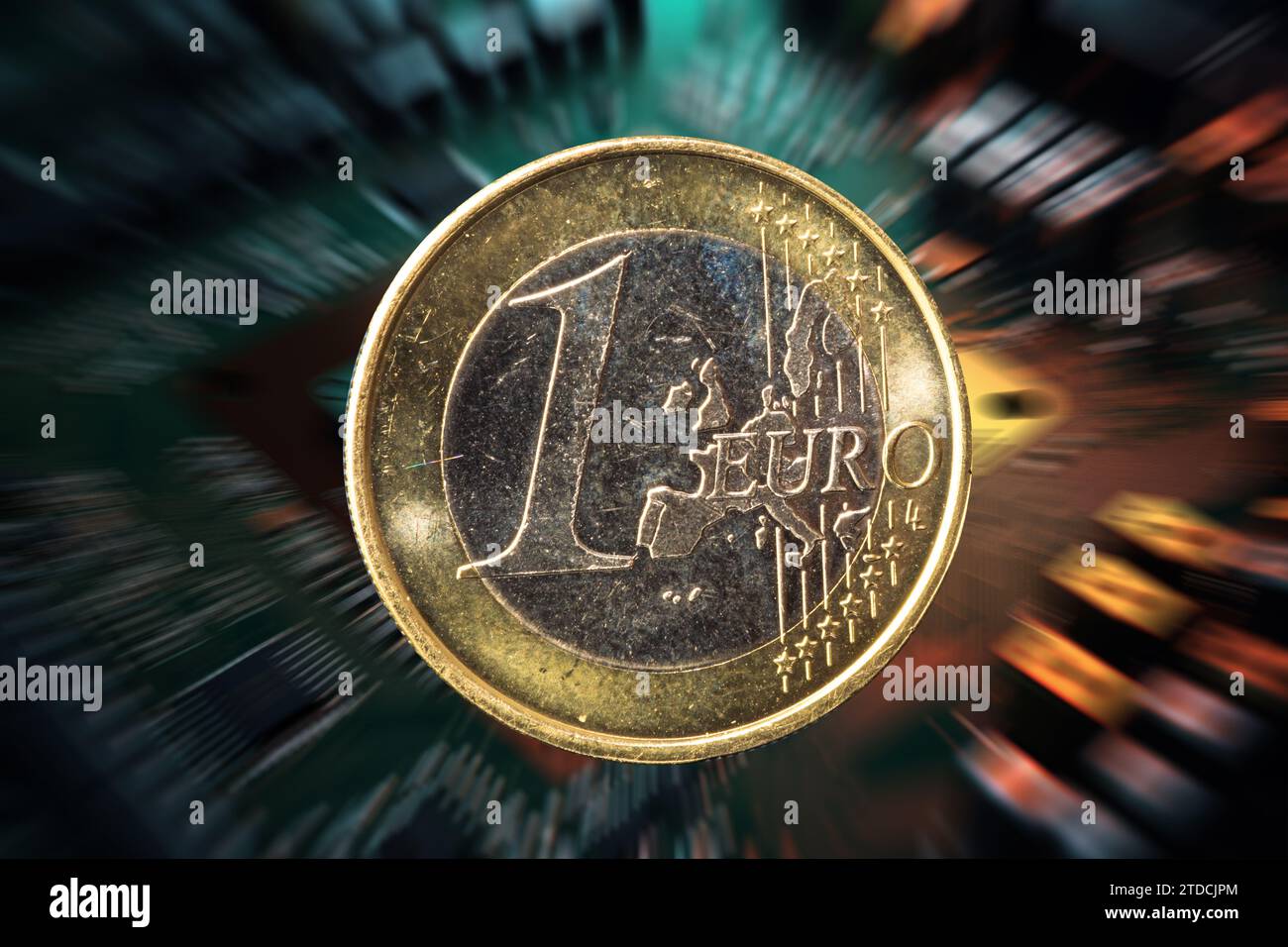 Symbol image of the digital euro: One-Euro Coin in front of a virtual ...