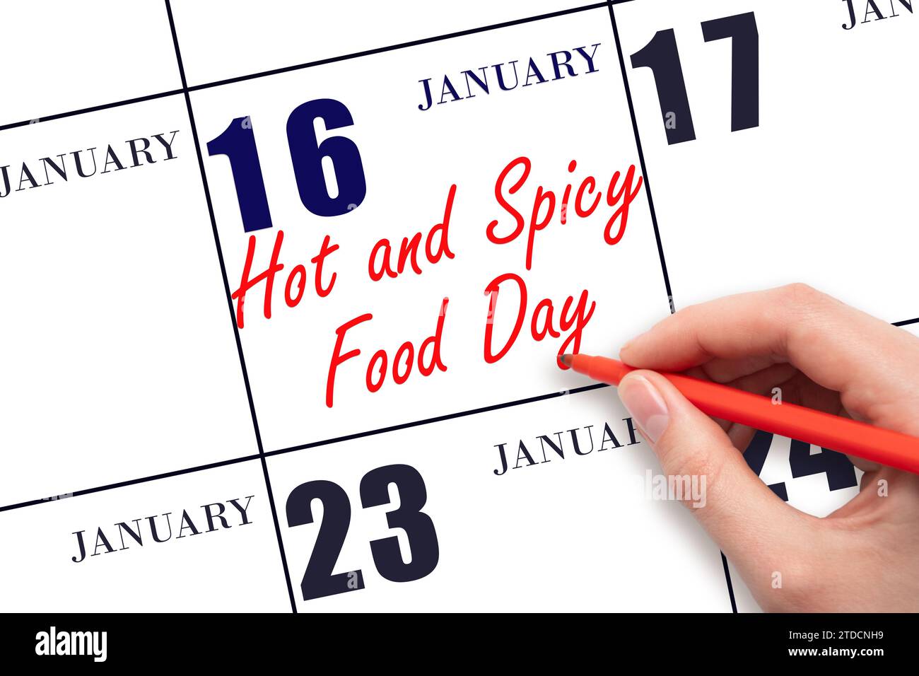 January 16. Hand writing text Hot and Spicy Food Day on calendar date ...