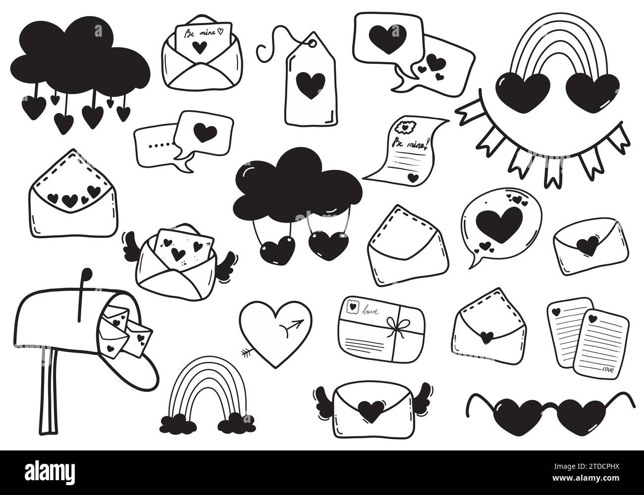 Set of black elements. Rainbow, cloud, heart, chat, letter Stock Vector ...