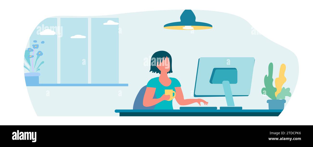 Girl working at the computer, webinar. Remote work for a freelancer ...