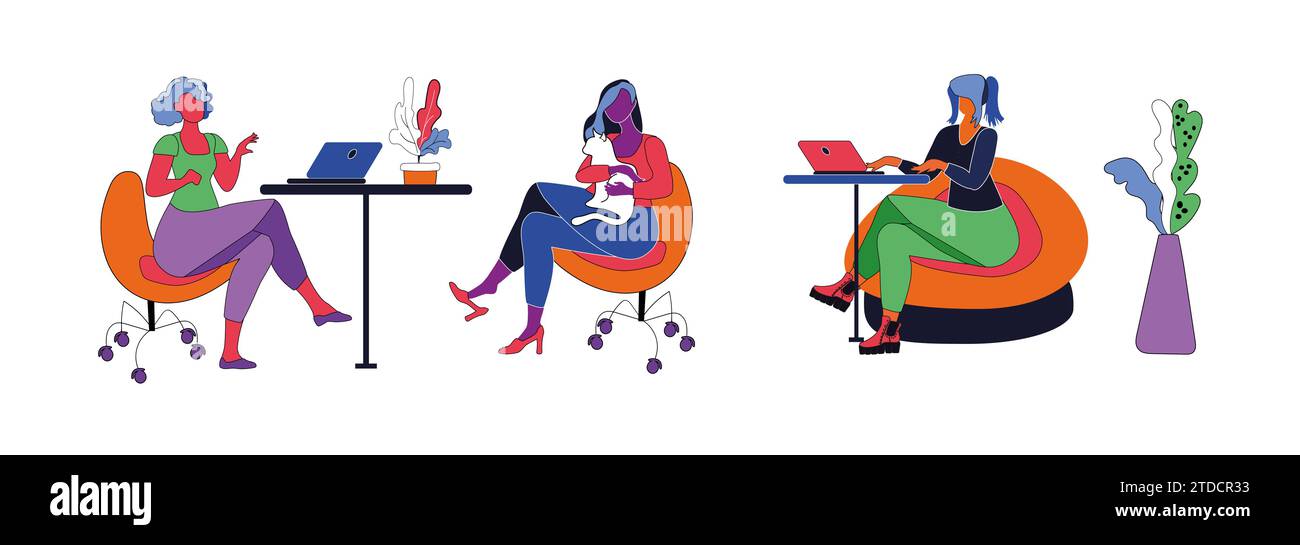 Set of girls in a comfortable workplace. Distant work. Bright vector ...