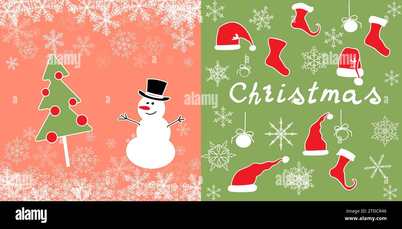 Postcard cover with a snowman and a Christmas tree. Peach and green ...