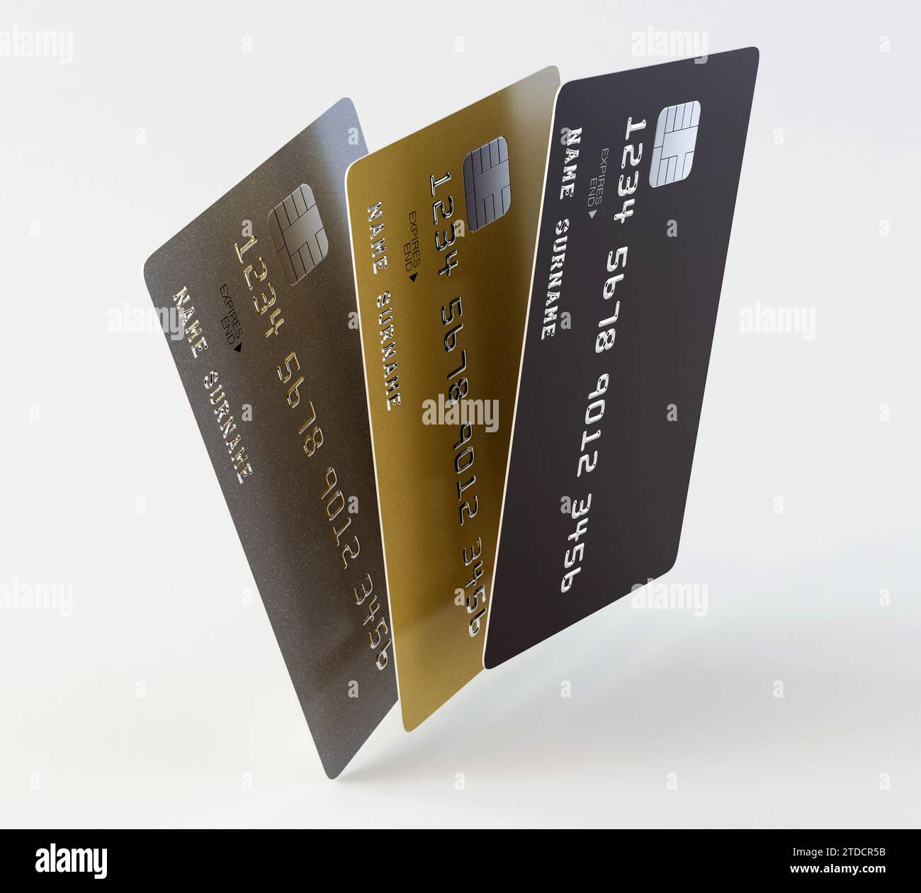 A collection of generic blank bank credit card on an isolated white ...