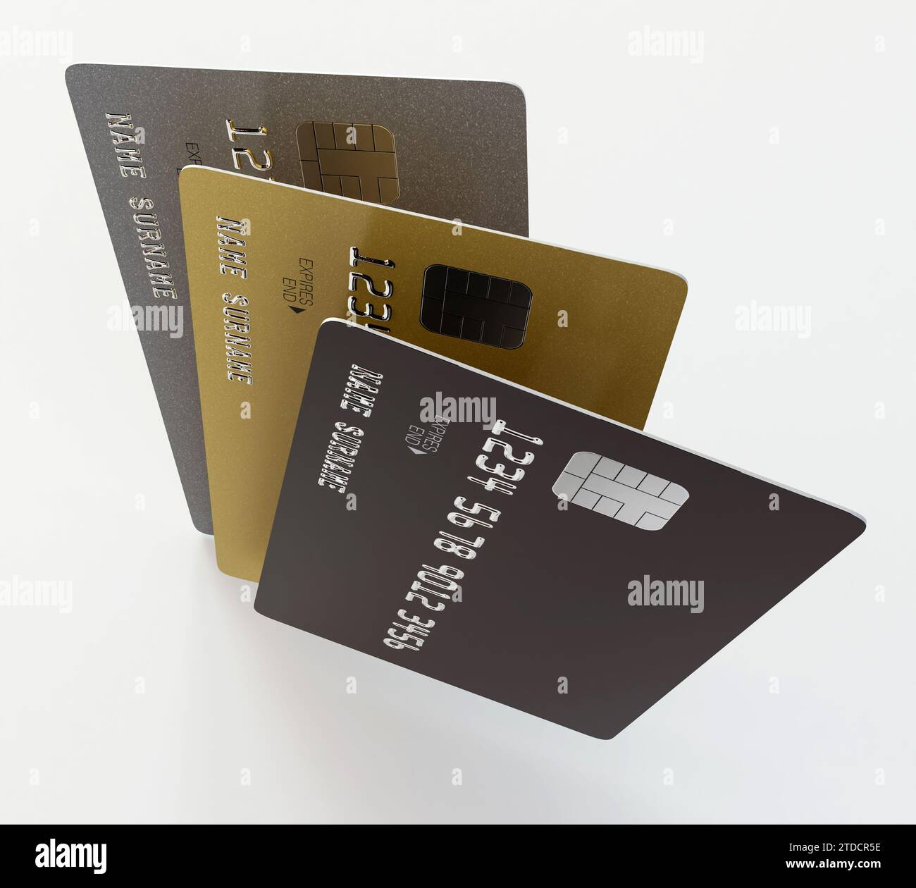 A collection of generic blank bank credit card on an isolated white ...