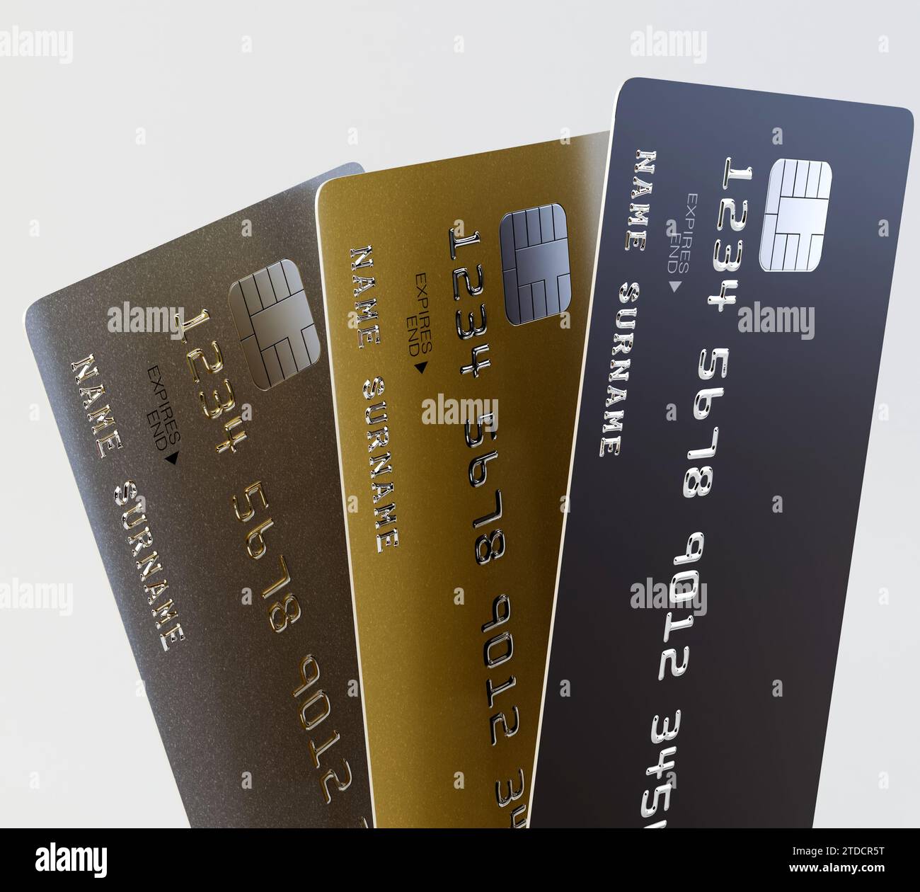 A collection of generic blank bank credit card on an isolated white ...