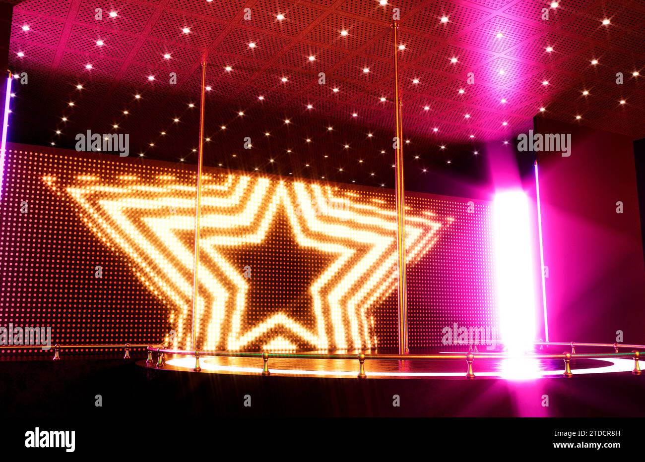 An empty strip club dancing stage with three poles and an illuminated ...
