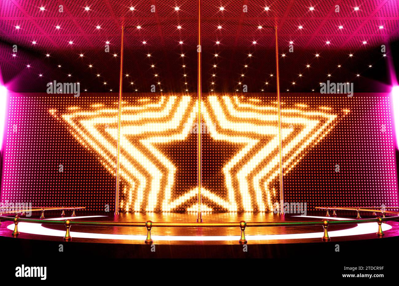 An empty strip club dancing stage with three poles and an illuminated ...