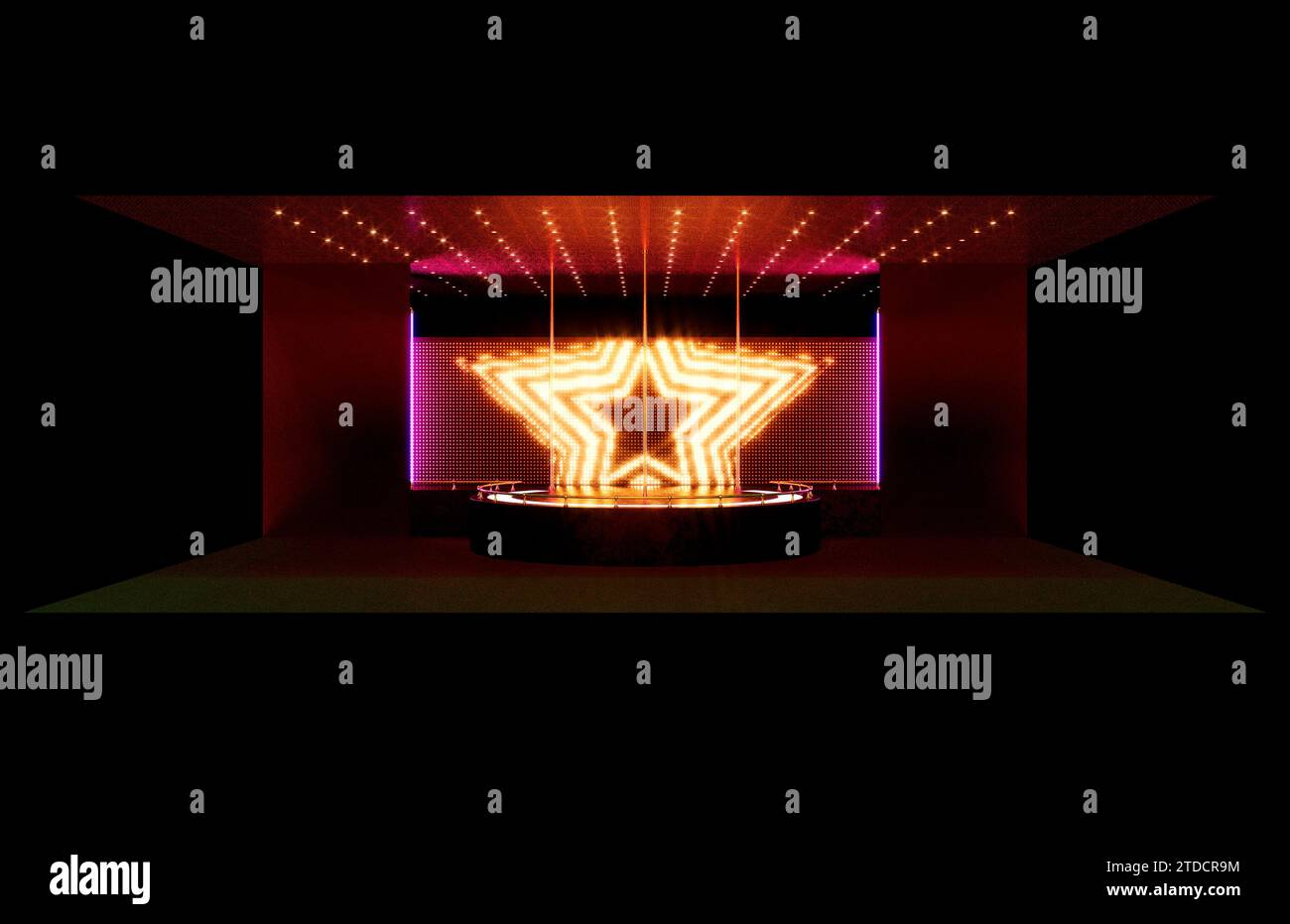 An empty strip club dancing stage with three poles and an illuminated ...