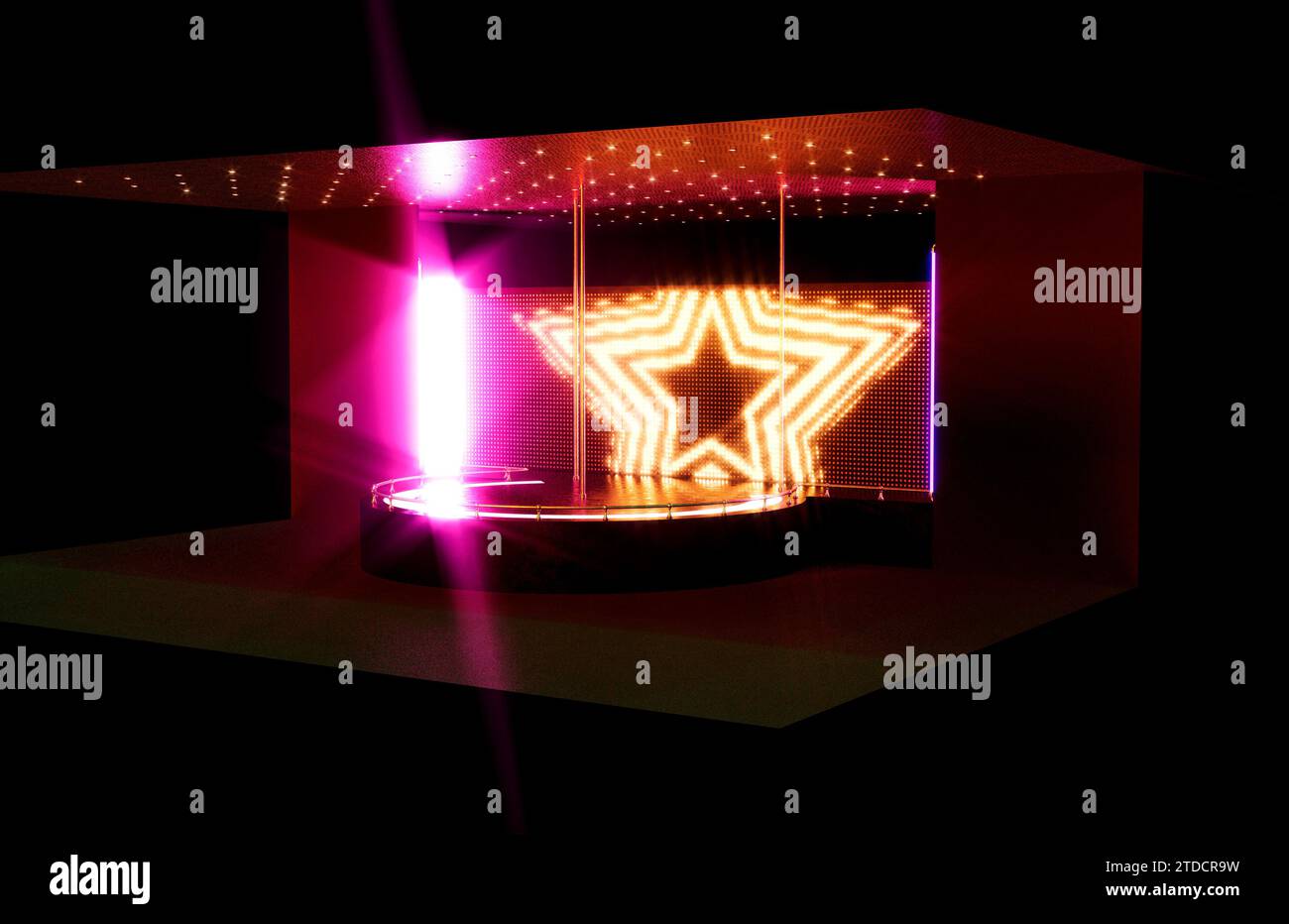 An empty strip club dancing stage with three poles and an illuminated ...