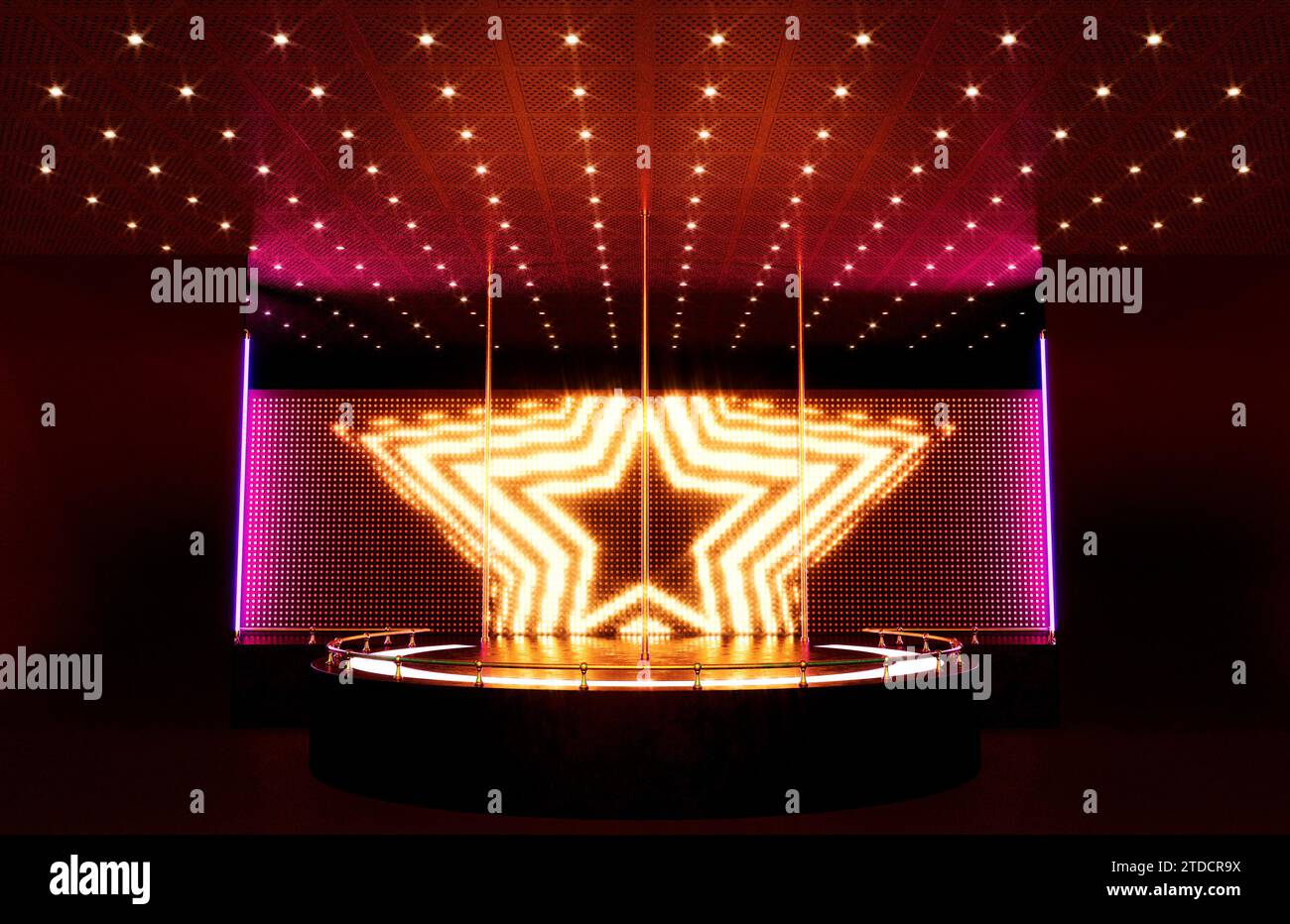An empty strip club dancing stage with three poles and an illuminated ...