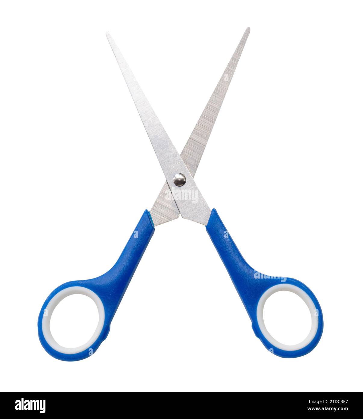 Small multipurpose scissors with blue handle is isolated on white ...