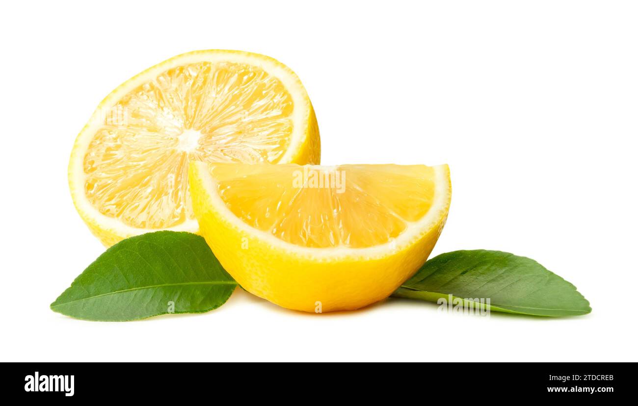 Fresh yellow lemon half with quater and leaves is isolated on white ...