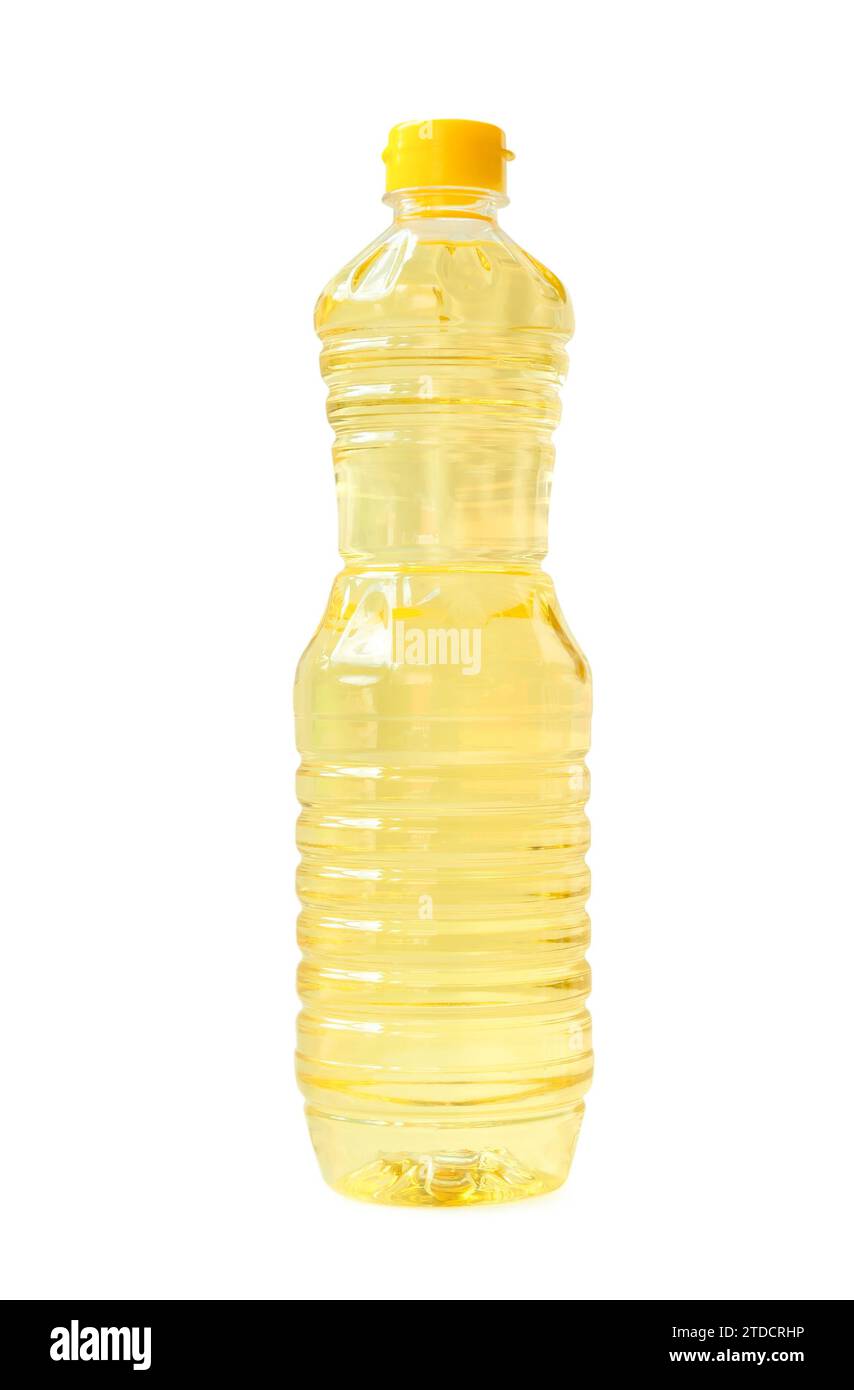 Light yellow cooking or vegetable oil in small plastic bottle is ...