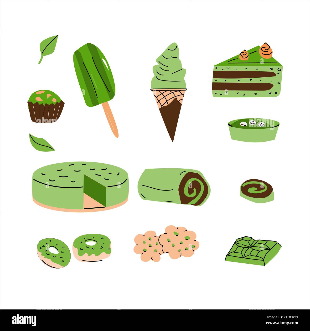 Cartoon food from matcha tea in green colors. Vector illustration of ...