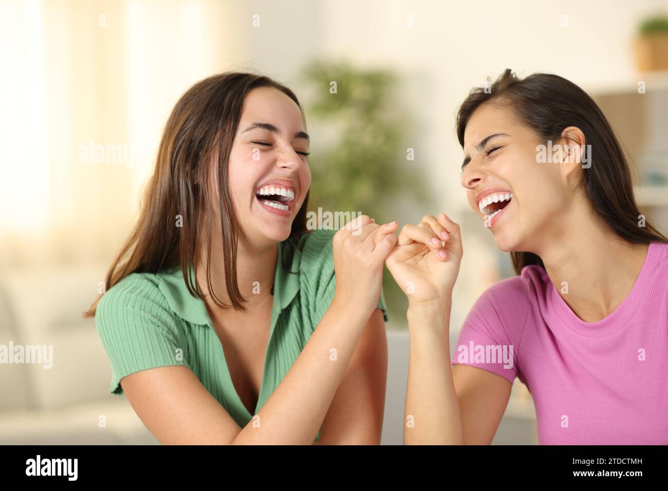 Two happy roommates making pinky promise laughing at home Stock Photo ...