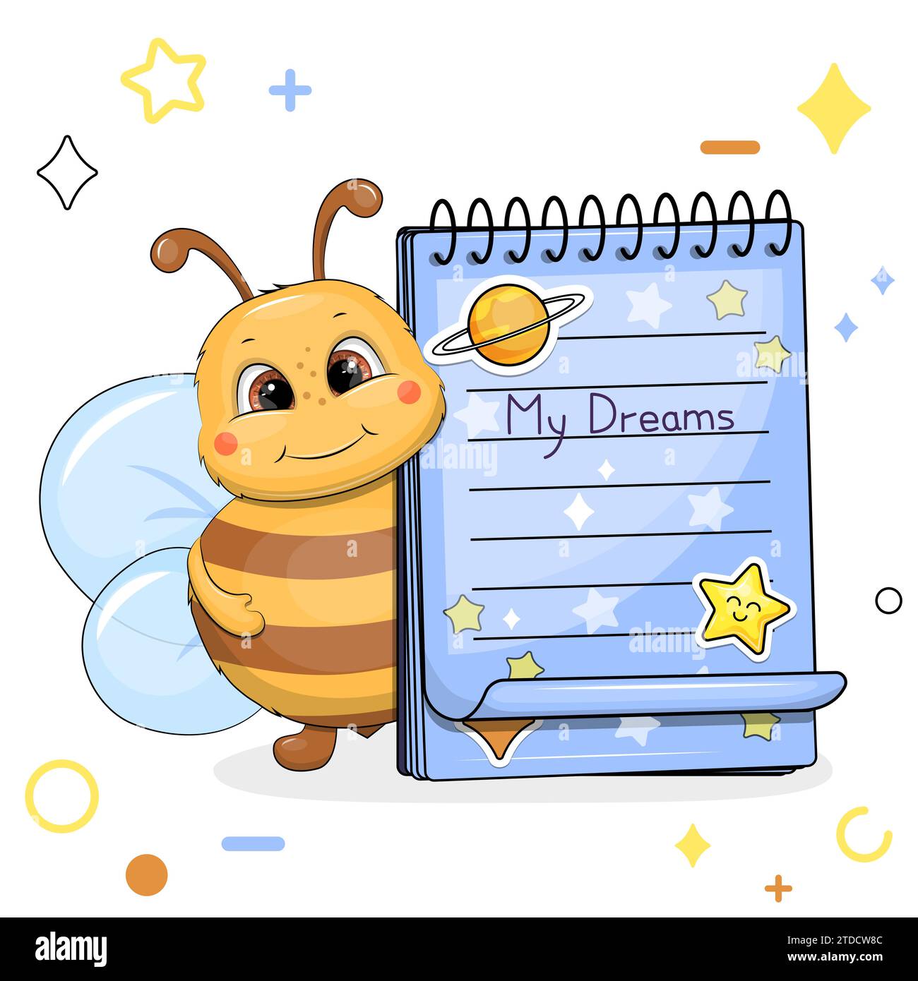 A cute cartoon bee and a blue notebook with stickers. Vector ...