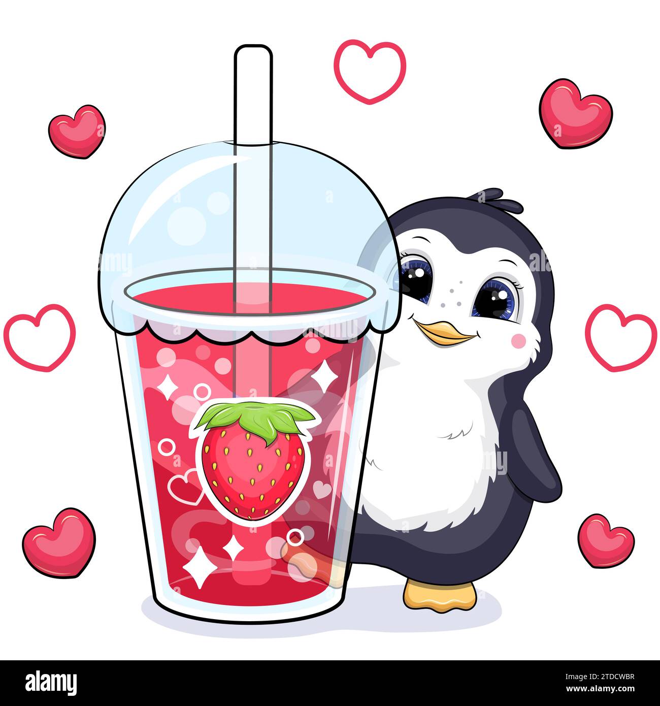 Cute cartoon penguin with a big strawberry drink. Vector illustration ...