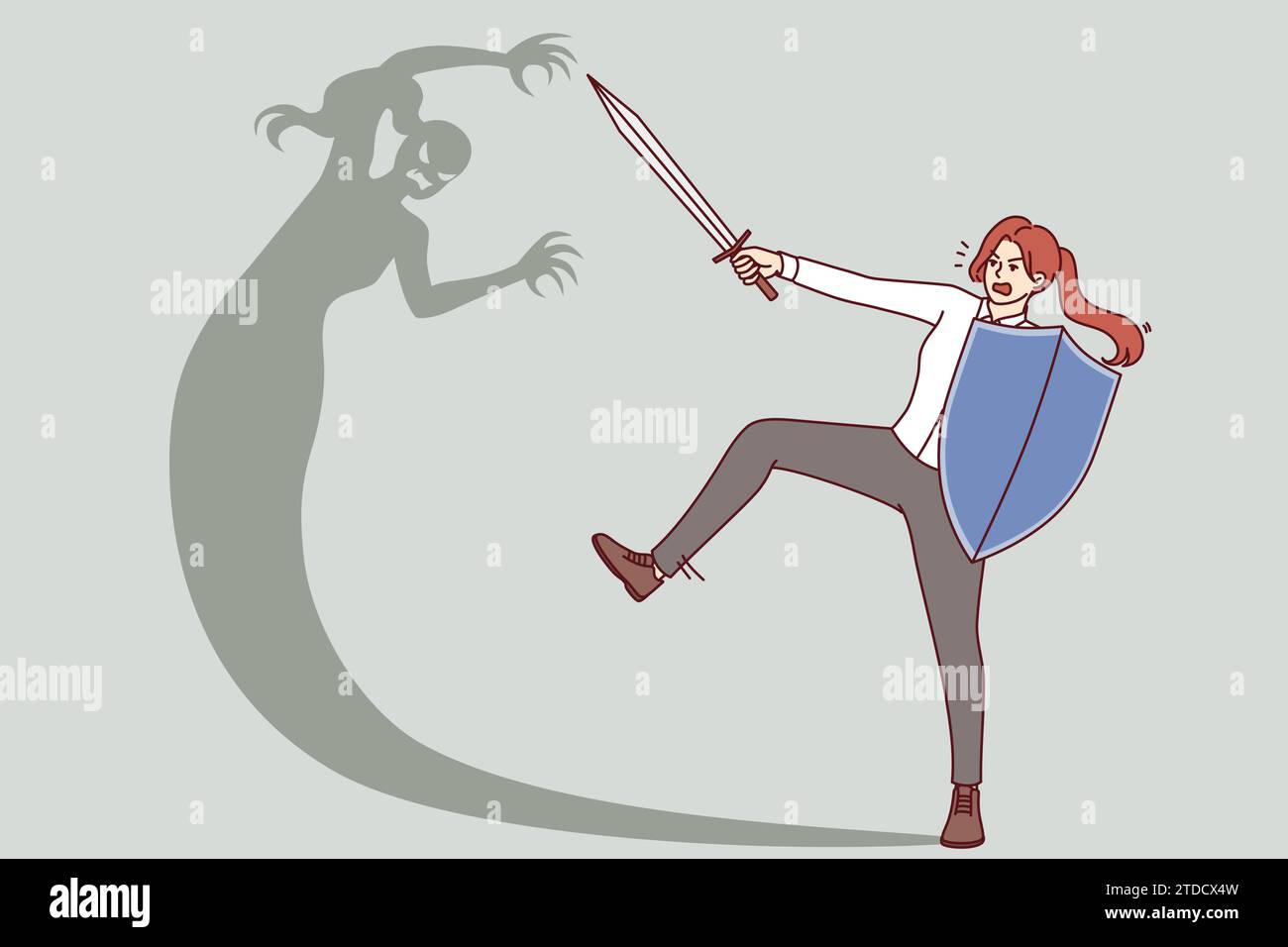 Woman fights with own shadow, holding shield and sword for concept ...