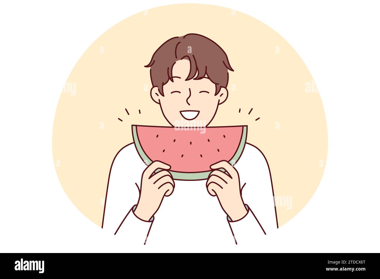 Smiling young man eating watermelon. Happy guy enjoy slice of fresh ...