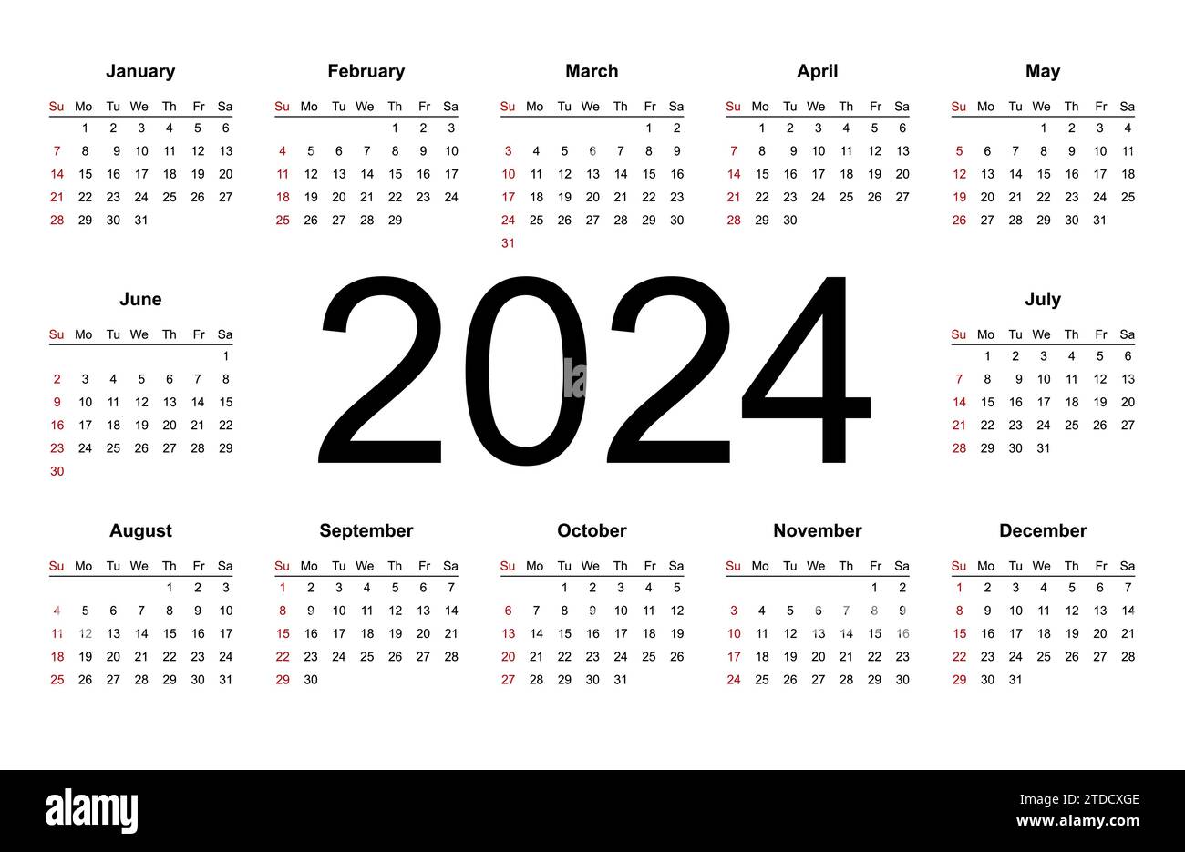 Calendar template for 2024 year. Week starts from Sunday. Isolated ...