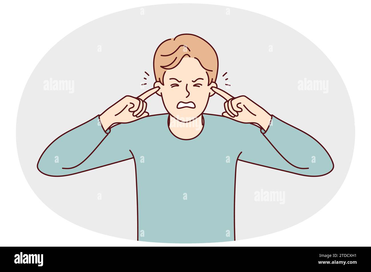 Unhappy young man cover ears suffer from unbearable noise. Upset ...