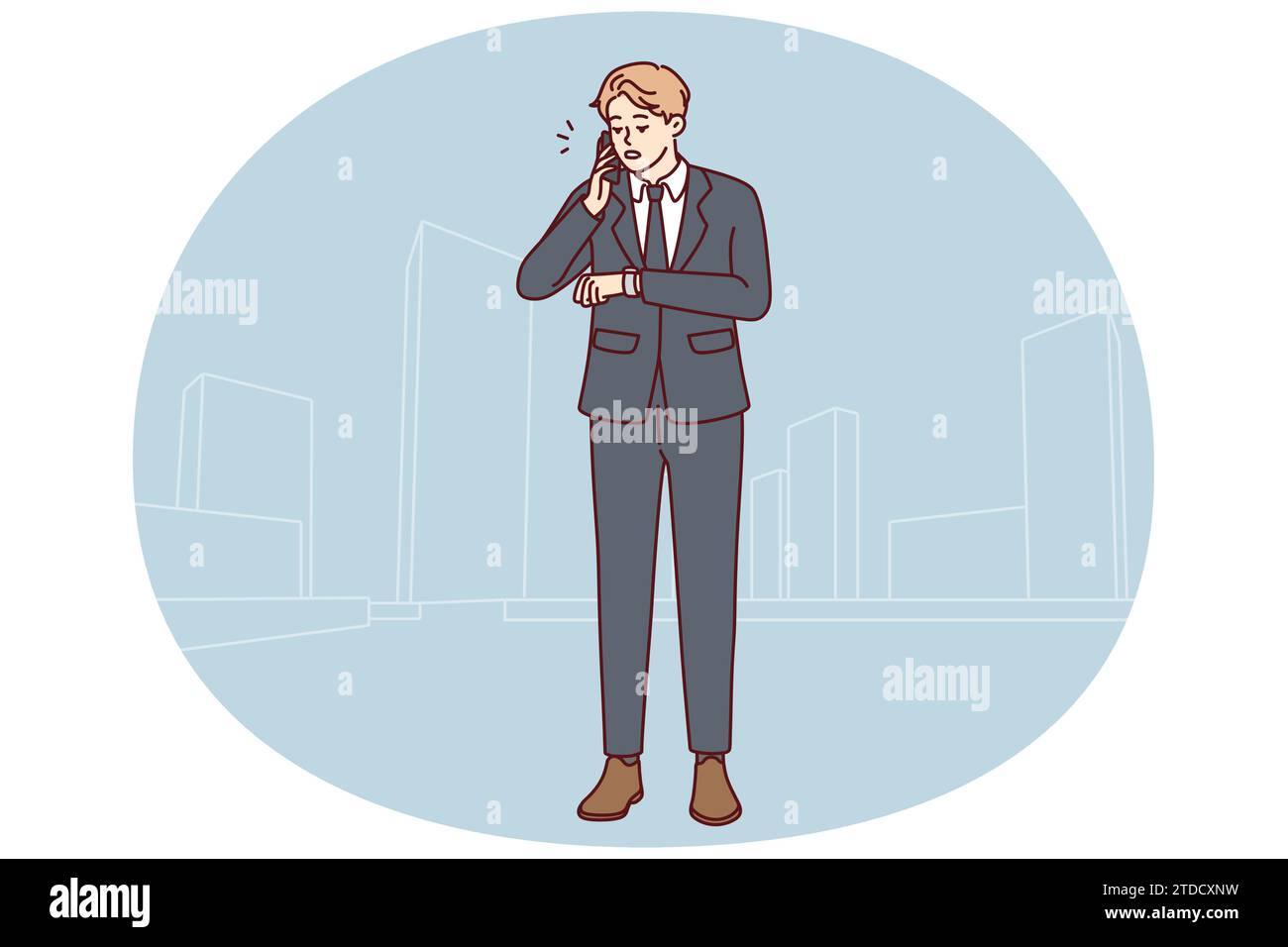 Busy young businessman talk on cellphone check time on wristwatch. Male ...