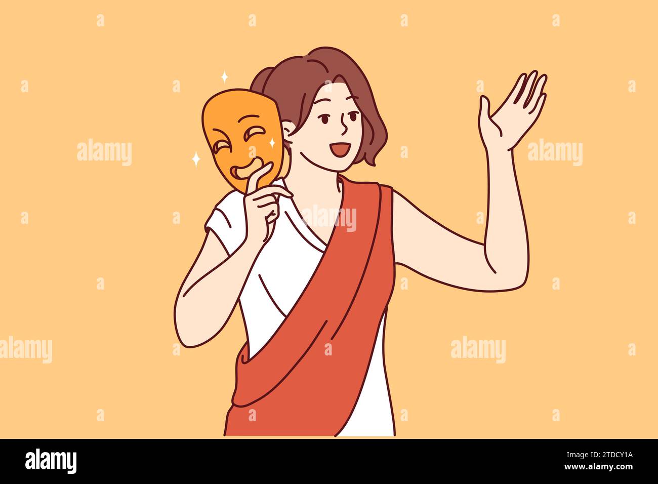 Woman actor in antique clothing holds mask for theatrical production ...