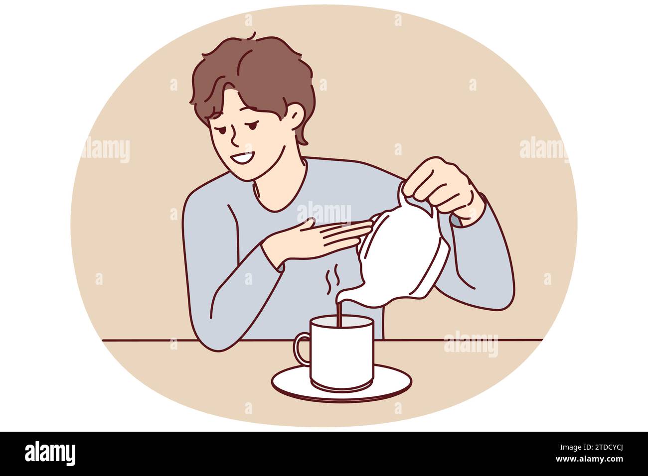 Young man sit at desk pouring tea in cup from kettle. Smiling guy enjoy ...