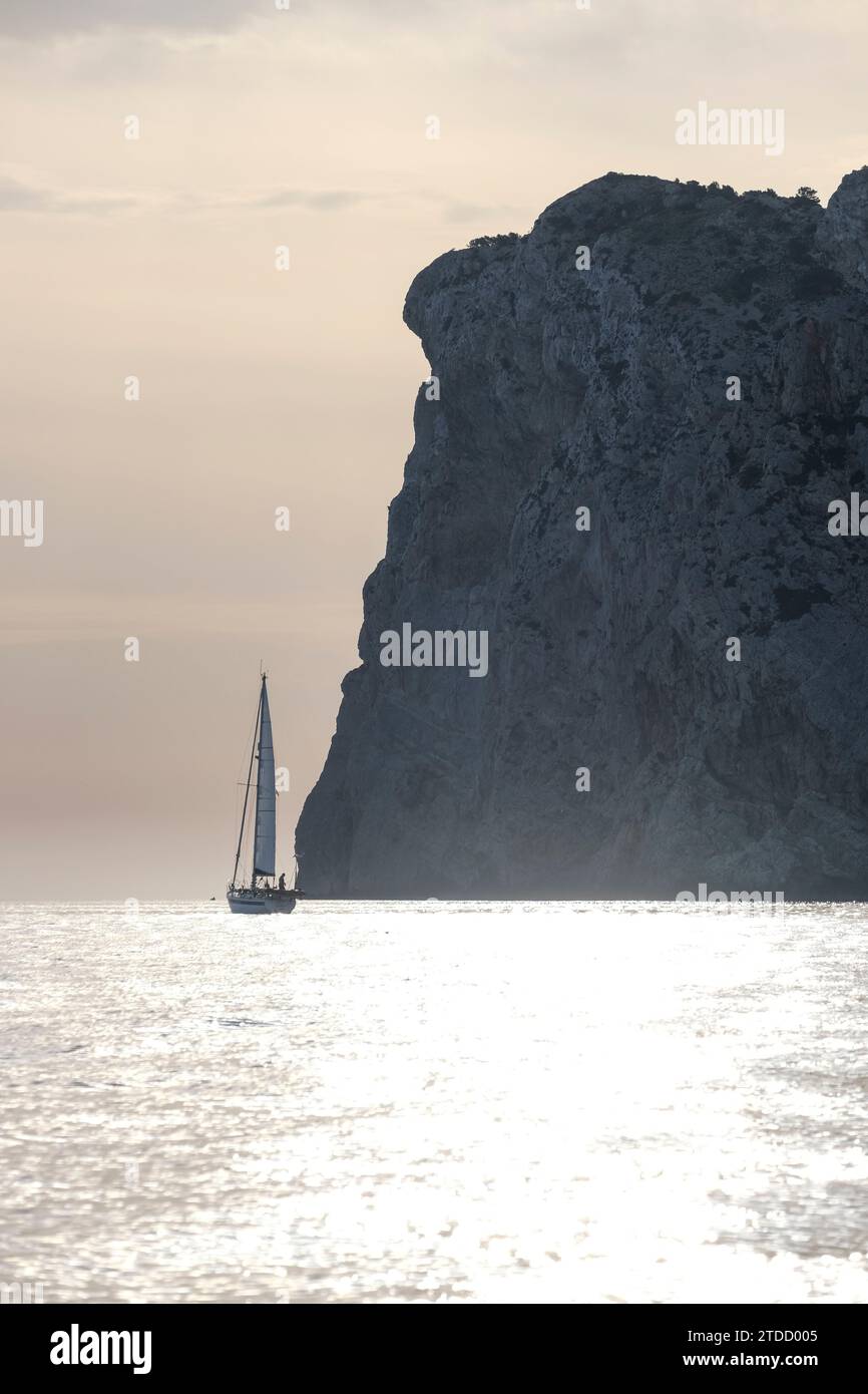 sailing ship passing Cabo de Formentor, Tramuntana coast, Pollensa ...