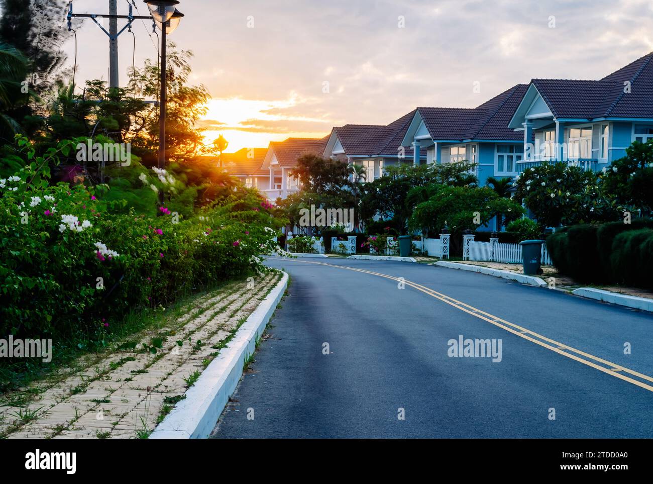 Modern cottages row road sidewalk two story buildings residential ...