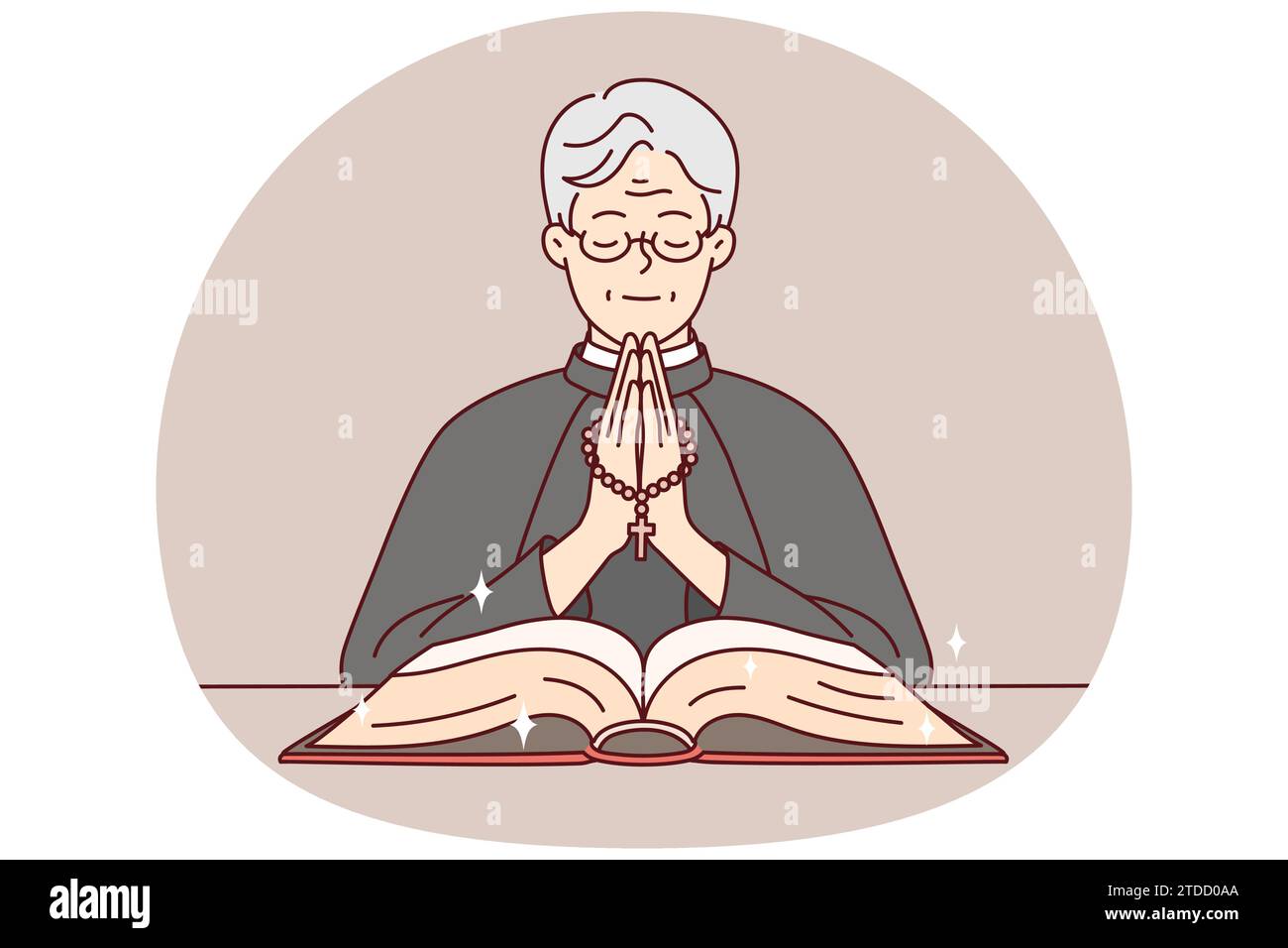 Calm priest in robe holding rosary praying with bible in church. Happy ...