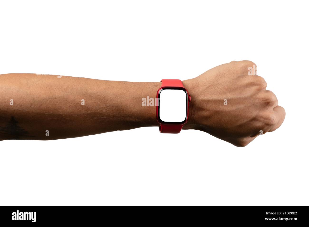 black male arm wearing and showing red smartwatch with blank screen ...