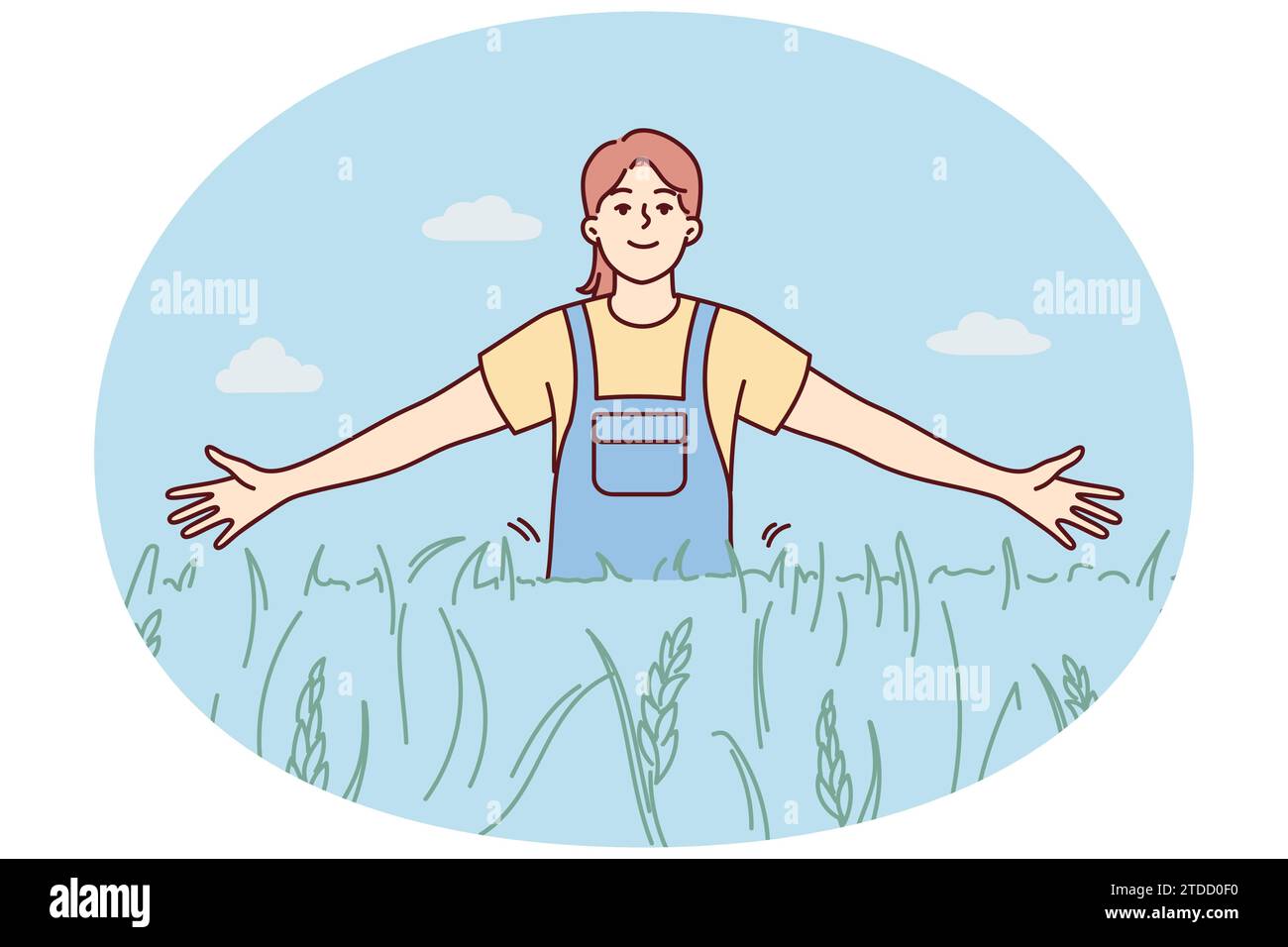 Smiling girl walking in field enjoying sunny weather outdoors. Happy ...