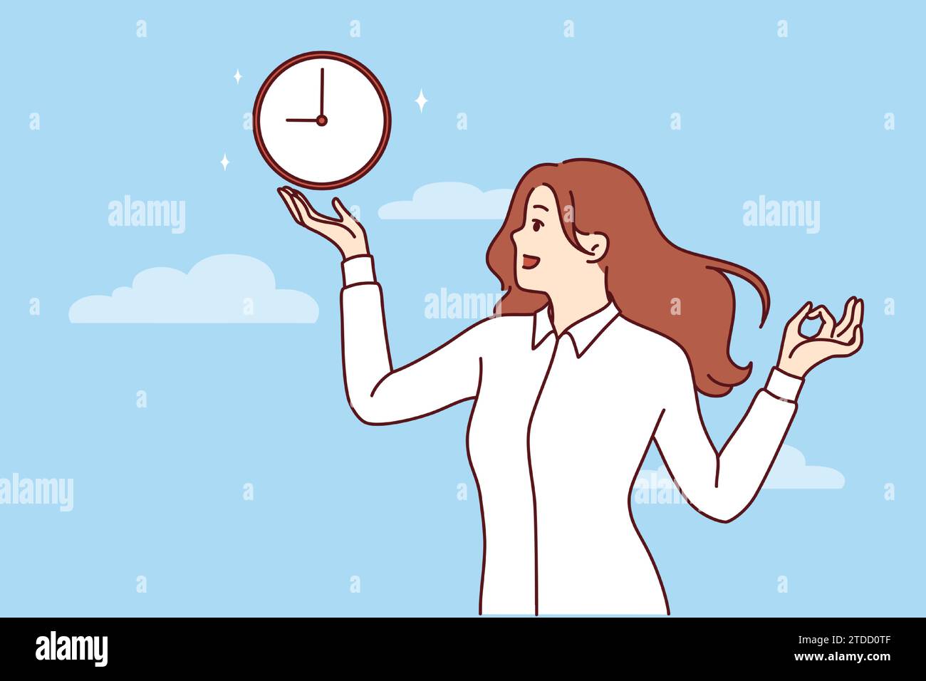 Woman holds clock standing under blue sky and reminds of punctuality ...