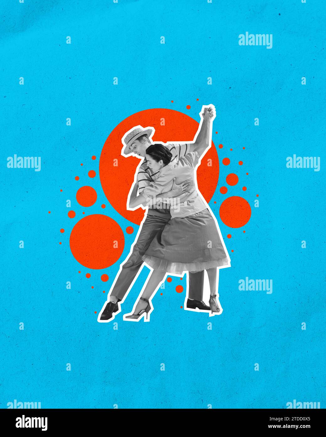 Date. Lovely couple, man and woman dancing retro style dance over blue ...