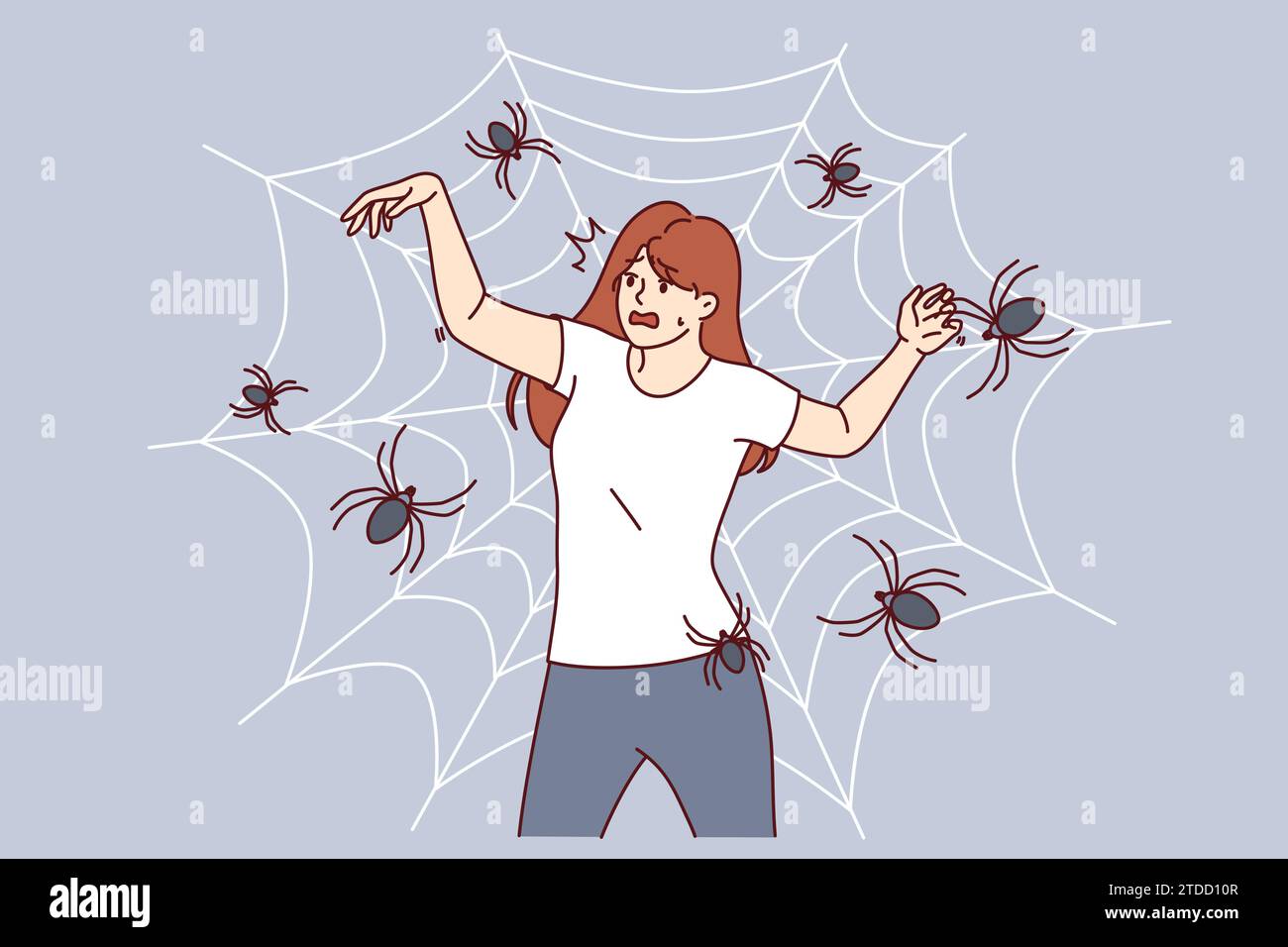 Woman with fear of spiders is terrified of being entangled in cobweb ...