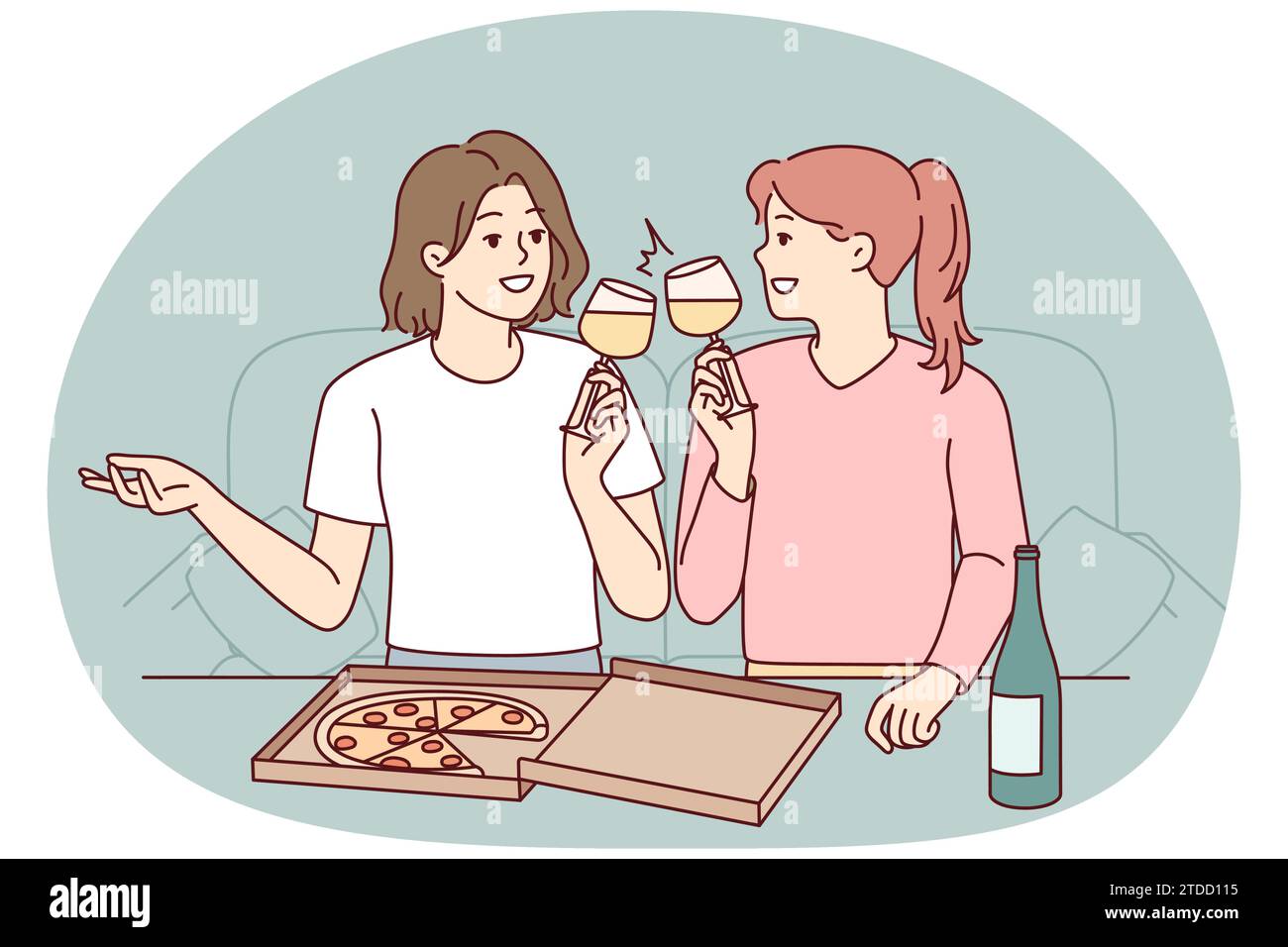 Happy young women sitting on couch at home eating pizza drinking wine ...