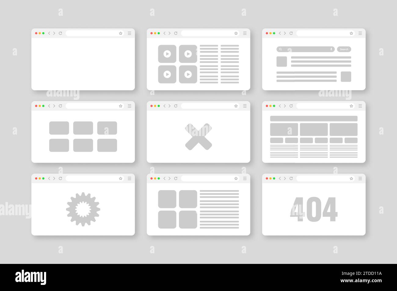 Web browser window, pages layout with toolbar and search field. Modern ...