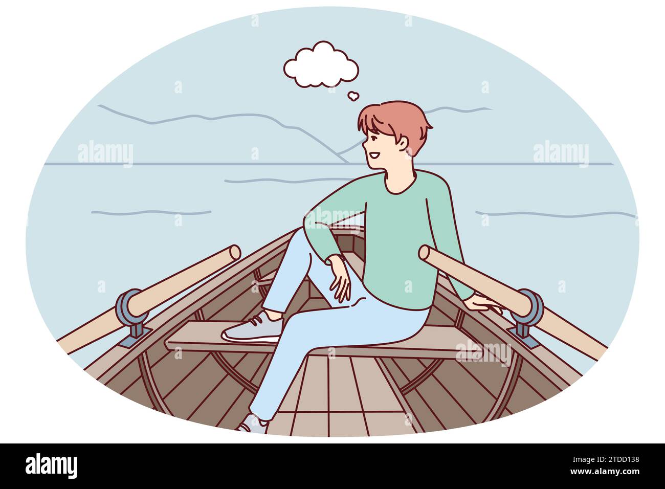 Happy man sit in boat in nature landscape thinking and imagining ...