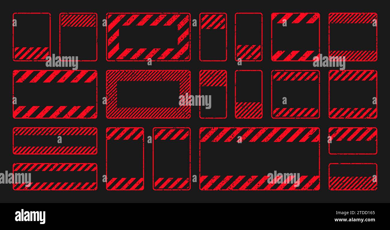 Various red grunge warning signs with diagonal lines. Old attention ...