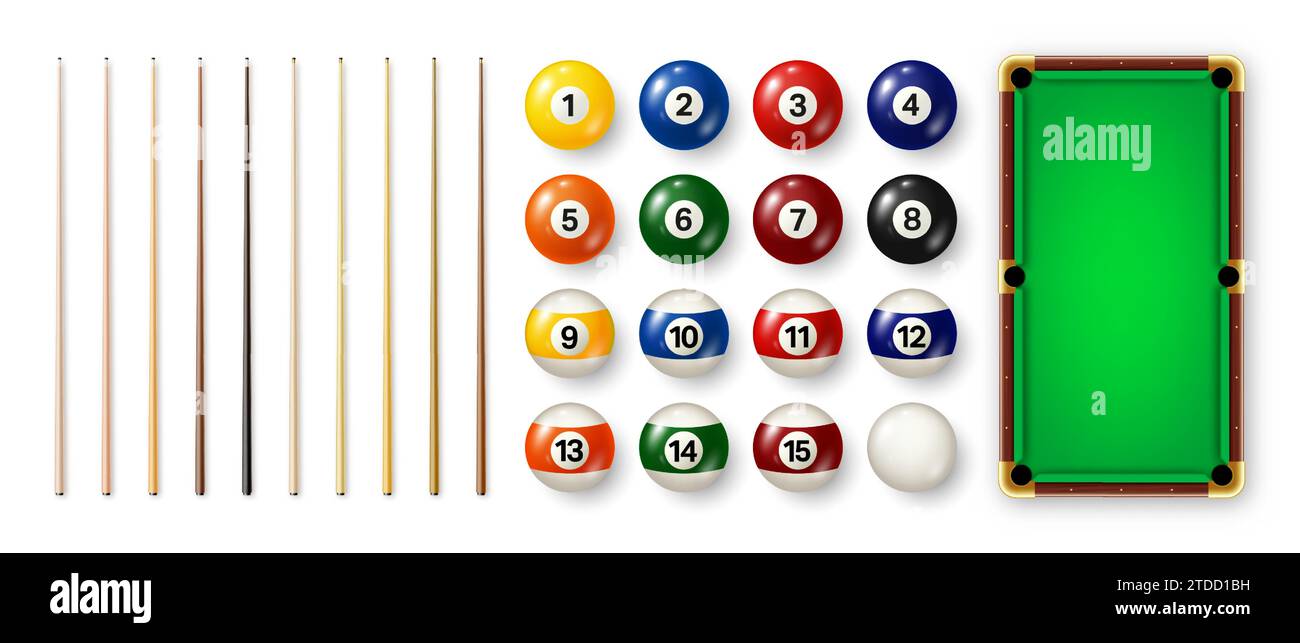 Billiard balls with numbers, various cues and green pool table. Glossy ...