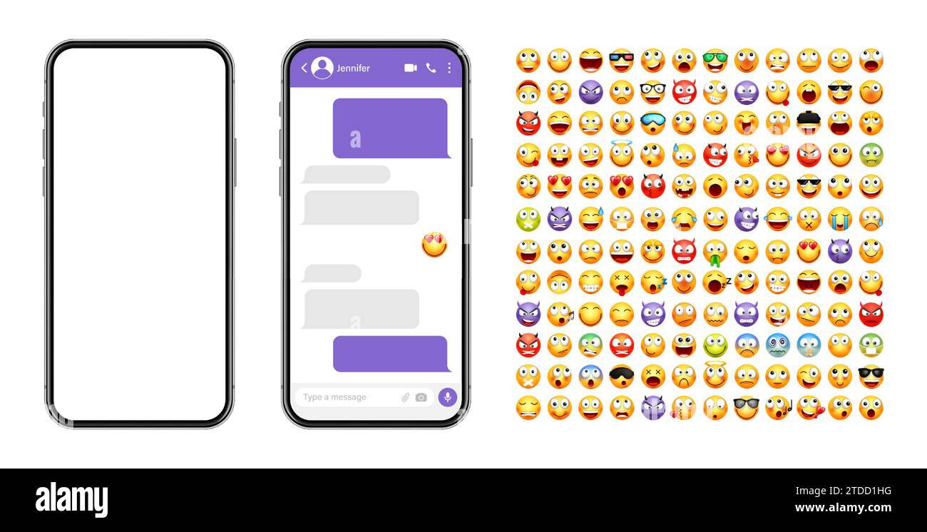 Smartphone messaging app, user interface design with emoji. SMS text ...