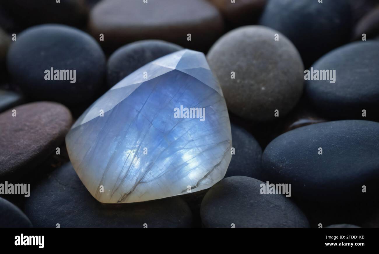 Natural precious moonstone on a dark gray background. Natural stone ...