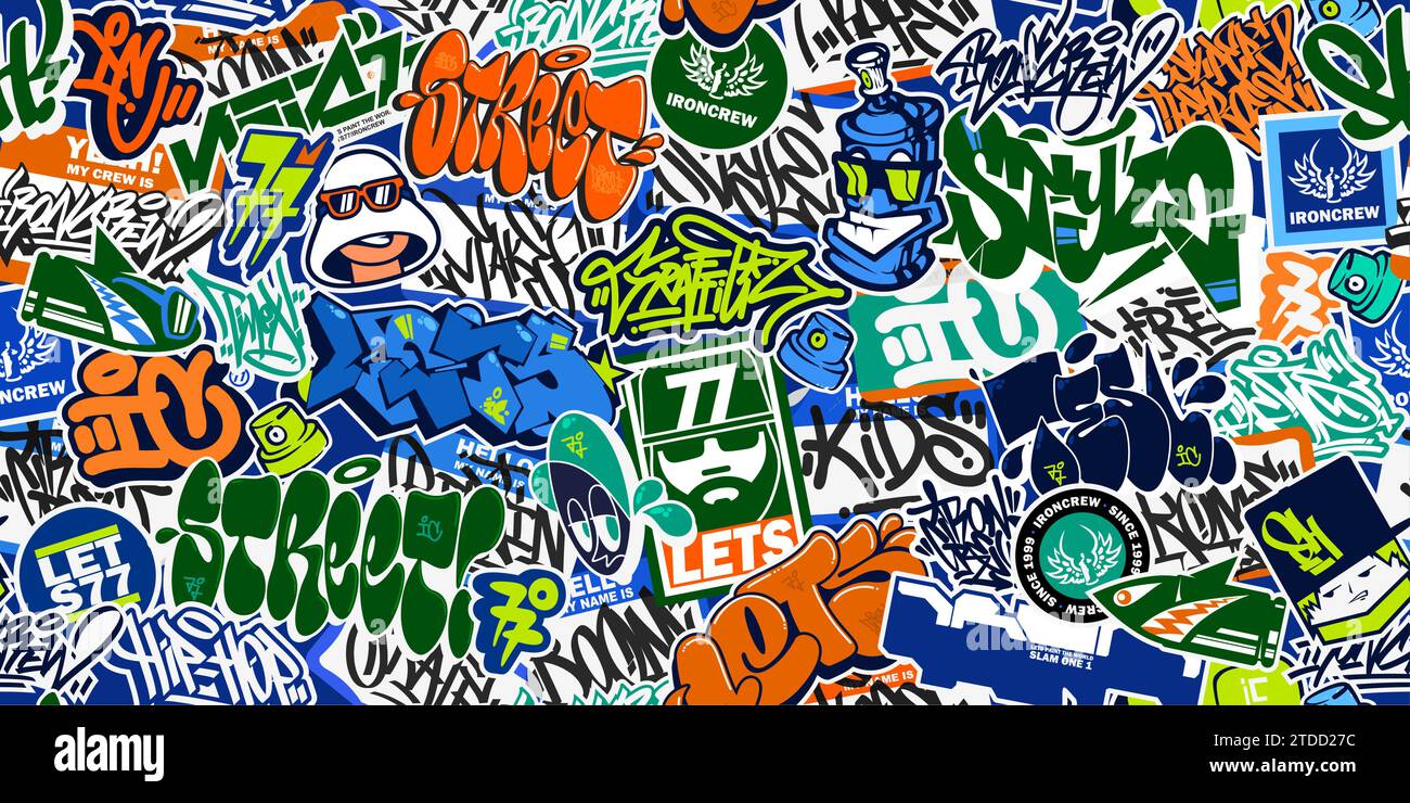 Seamless Colorful Urban Graffiti Style Sticker Bombing With Some Street ...