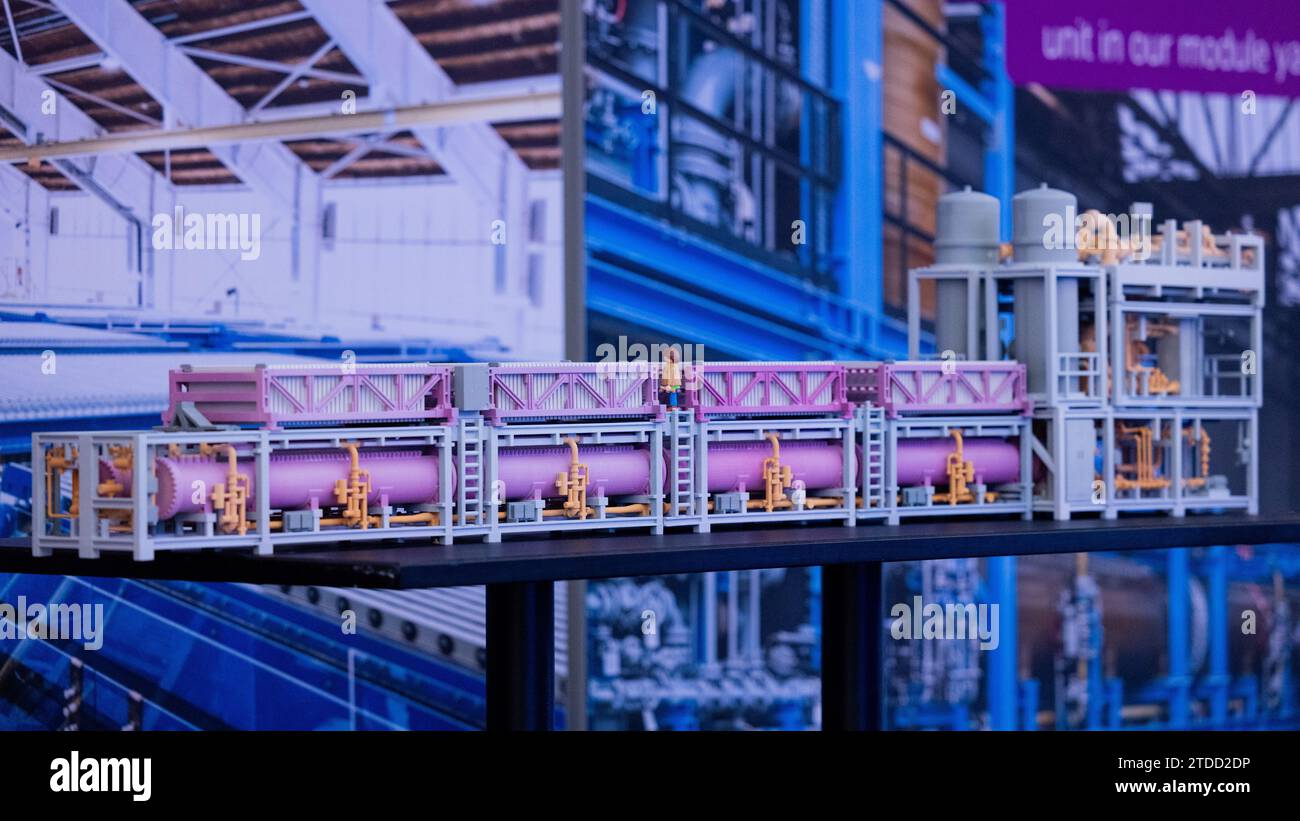Dortmund, Germany. 18th Dec, 2023. A model of an electrolyser module ...
