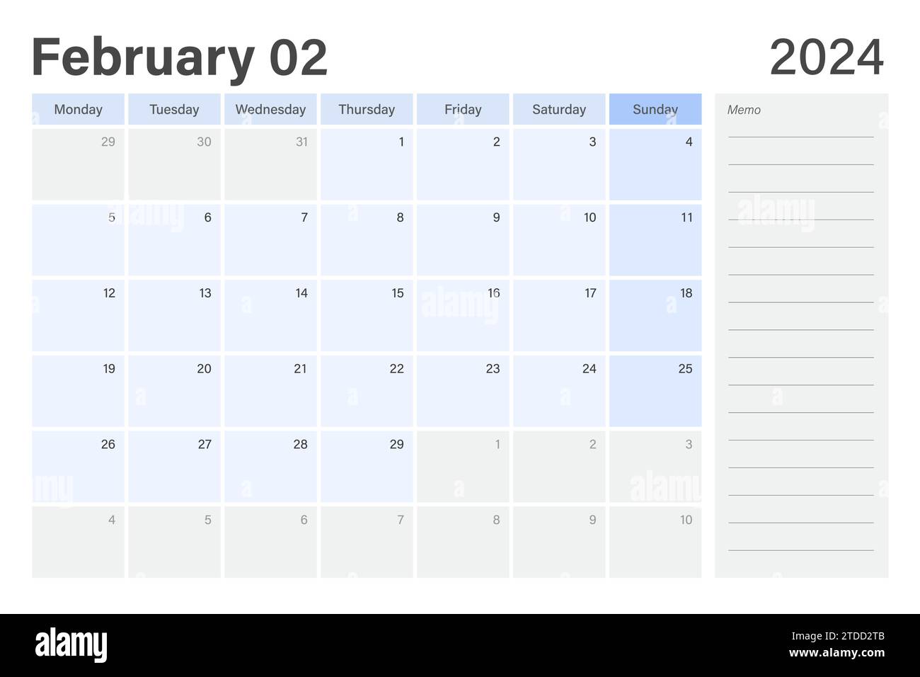 2024 February desk planer calendar weeks start on Monday in light blue ...